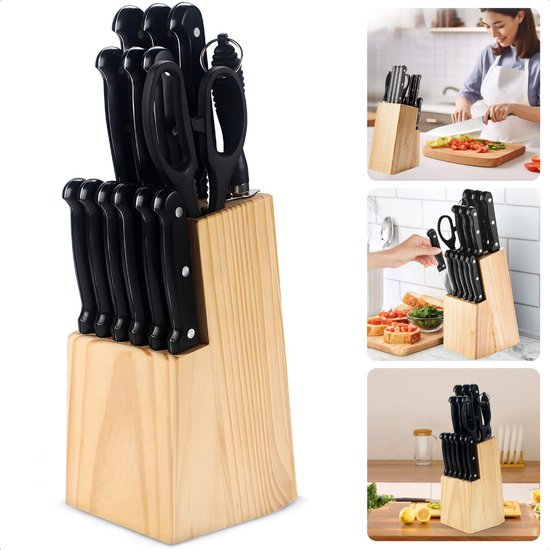 Messenset met Messenblok Hout - Keukenmessen 15-delig - Messen Set ...
