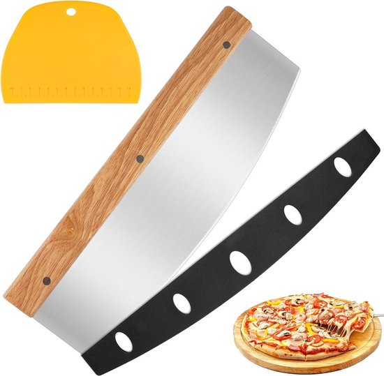 Pizzasnijder met houten handvat, 32 cm pizzames met deegschraper ...
