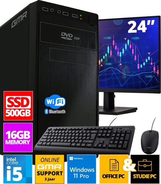 Intel Compleet Desktop SET | Intel Core i5 | 16 GB RAM | 512GB SSD | DVD+RW | Windows... | bol