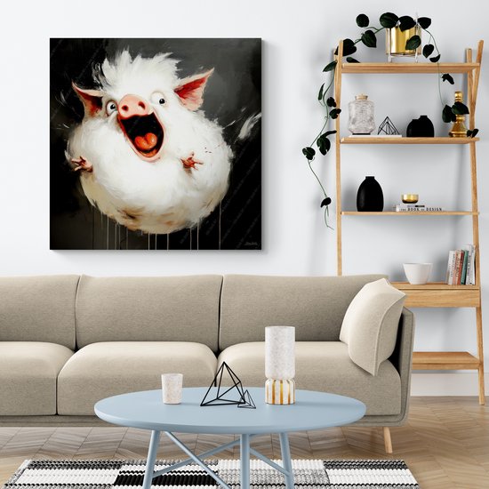 JJ-Art (Aluminium) 60x60 | Gek grappig blij varkentje, humor, abstract ...