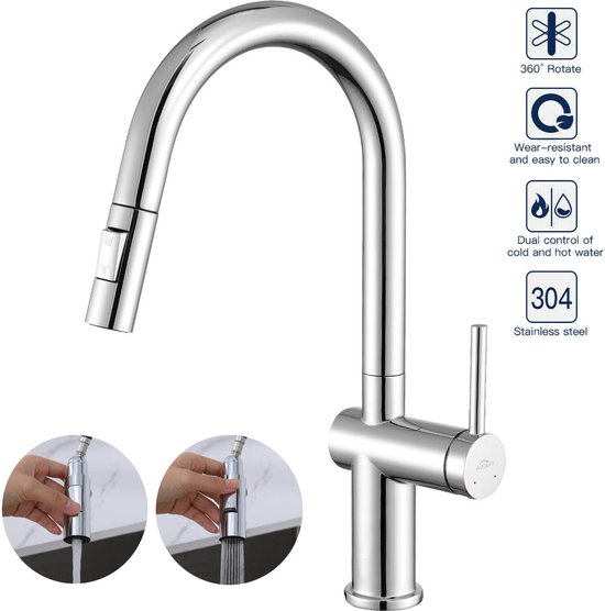 Auralum max Keukenkraan met Uittrekbare Uitloop - Keuken Kraan RVS - 360° Draaibare -... | bol