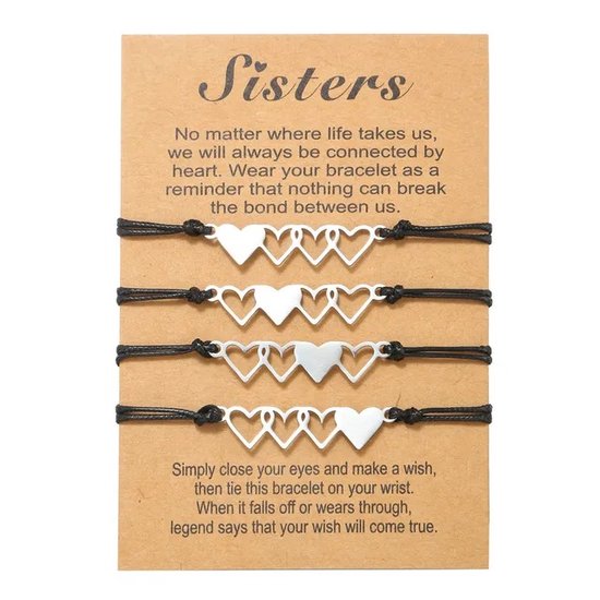 Armbandjes met hartjes voor 1, 2, 3 of 4 zussen - 4 zussen | bol