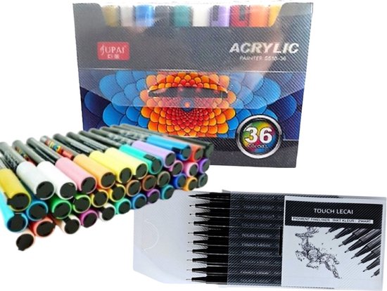 36 Acryl Stiften + Set van 10 Zwarte Watervaste Micron Pigment ...