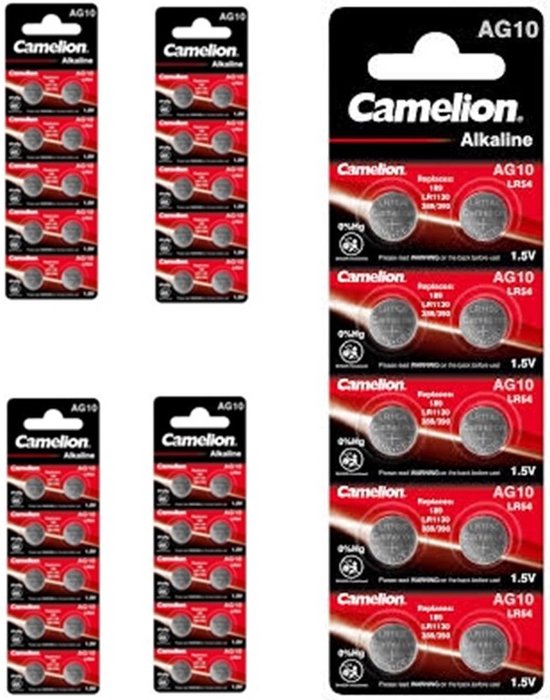 Camelion AG10 G10 LR1130 LR54 1.5V knoopcel batterij - 50 Stuks (5 Blisters a 10 Stuks) | bol