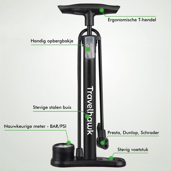 Travelhawk Fietspomp - Dubbele Ventielkop - Bal Pomp - Met drukmeter - Handig Voor... | bol