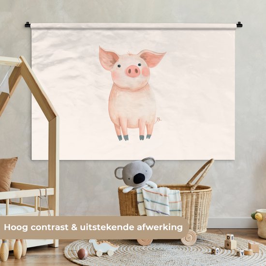 Wandkleed 120x80 cm - Wanddoek Varken - Roze - Dier - Pastel kleuren ...