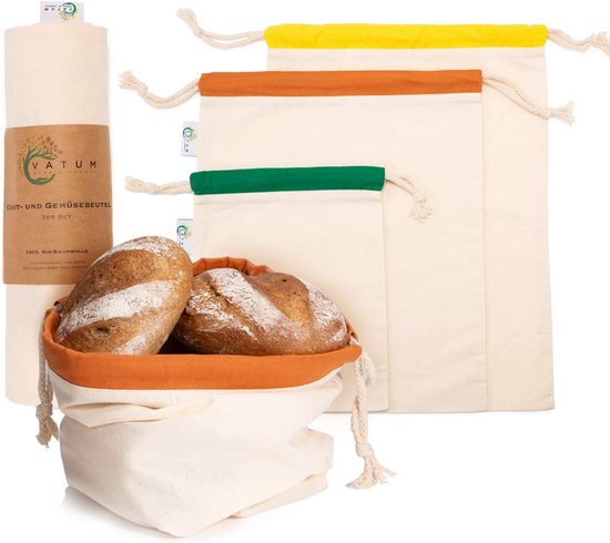 Vatum Broodzakken, set van 3 van 100% hennep, Zero Waste fruit- en ...