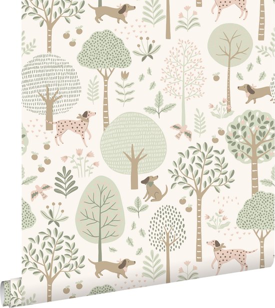 ESTAhome behang honden vergrijsd mintgroen en wit - 0.53 x 10.05 m ...