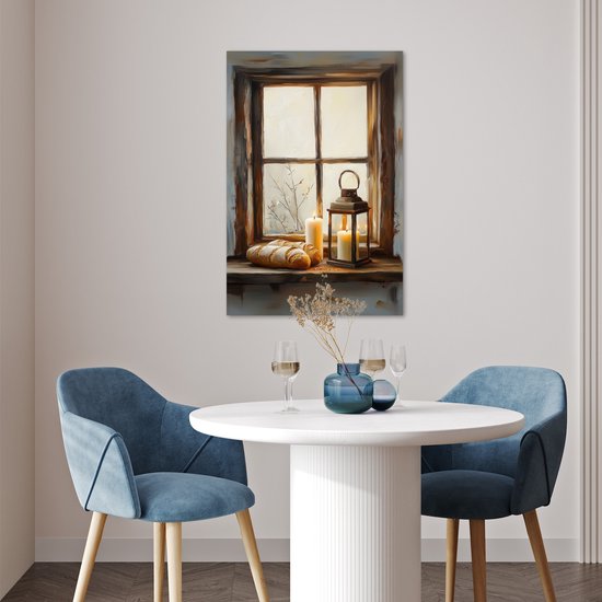 Poster 60x90 cm - Stilleven - Rustiek - Kaarsen - Broden - Raam ...