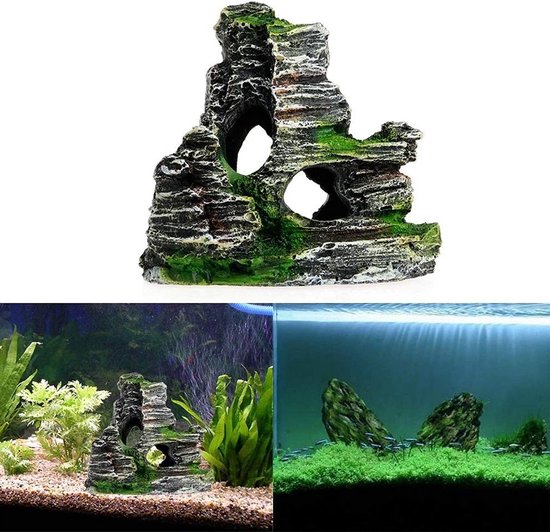 SNQ 2 stuks - aquarium rock cave decoratie met groen gras - voor vissen garnalen... | bol