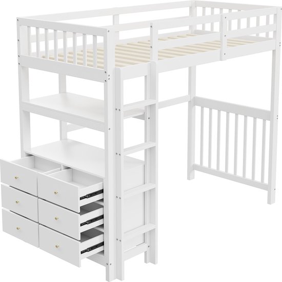 Merax Hoogslaper 90x200 cm met Verticale Ladder - Opbergruimte en ...