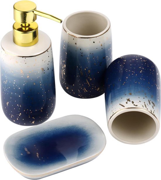 4 Piece Gradient Blue Ceramic Bathroom Accessories Set - Gargle Cups ...
