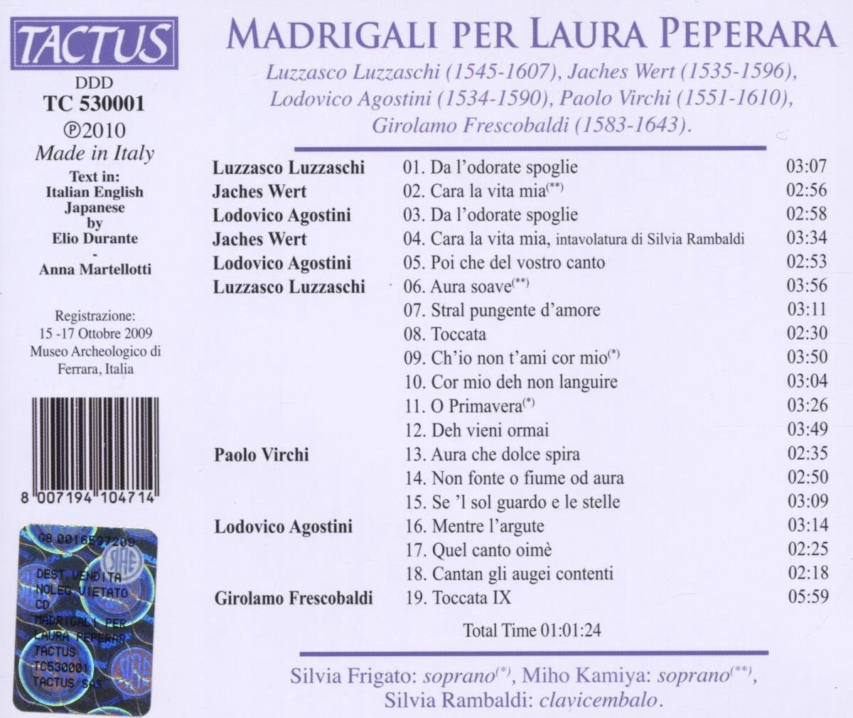 Miho Kamiy Silvia Frigato: Soprano - Madrigali Per Laura Peperara (CD ...