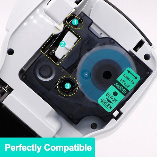 3x D1 standaard labels Dymo 45019 Zwart op groen / 12mm x 7m ...