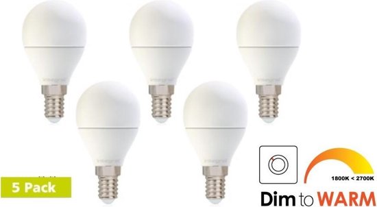 5 Pack - Integral LED E14 kogellamp 6 watt 2700K tot 1800K Dimtone | bol