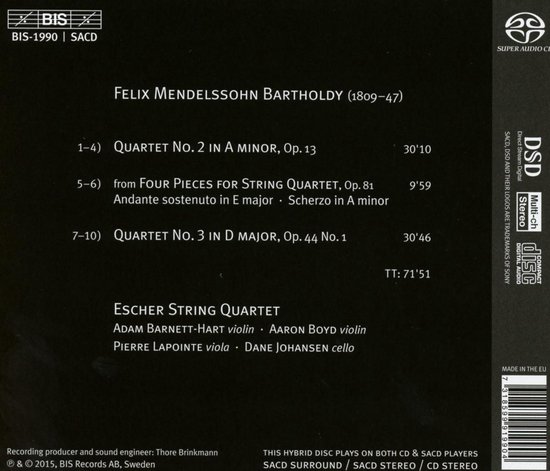 Escher String Quartet - Mendelssohn: String Quartets No.2 & No.3 (SACD), Escher String... | bol
