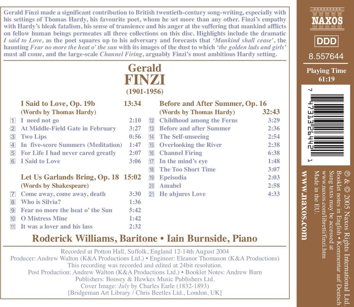 Roderick Williams & Iain Burnside - Finzi: Songs (CD), Iain Burnside ...