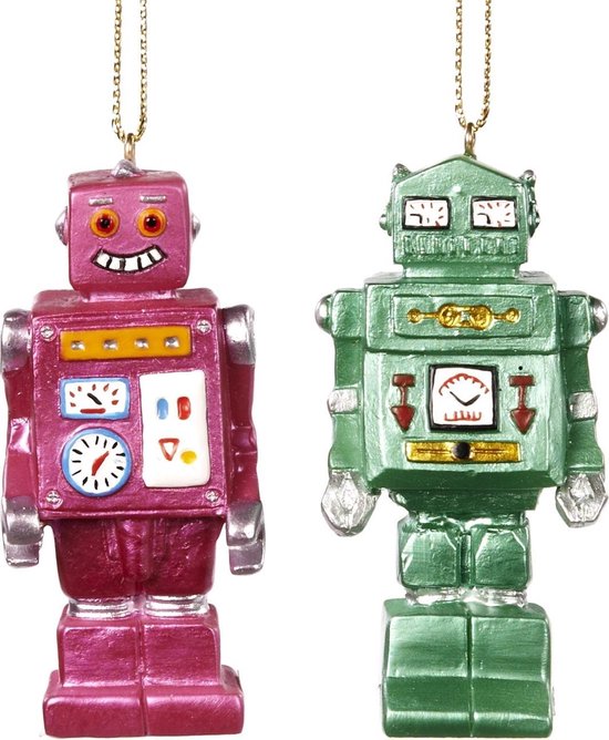 Goodwill kerst decoratie - robot ornament - 7 cm - groen, roze - 12 ...