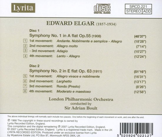 London Philharmonic Orchestra, Sir Adrian Boult - Elgar: Symphonies Nos.1 & 2 (2 CD),... | bol