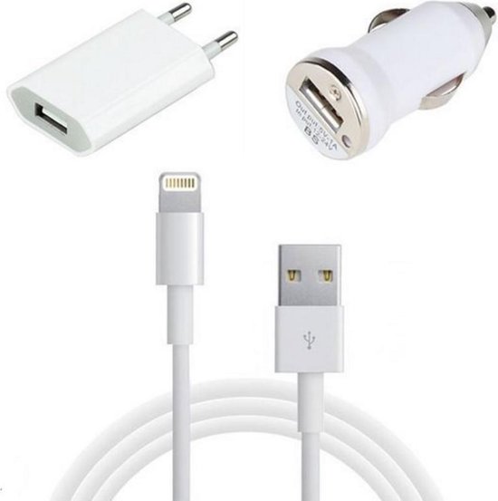 iPhone 5 / 5S / 5C lightning kabel USB + 220V oplader + Autolader Wit ...