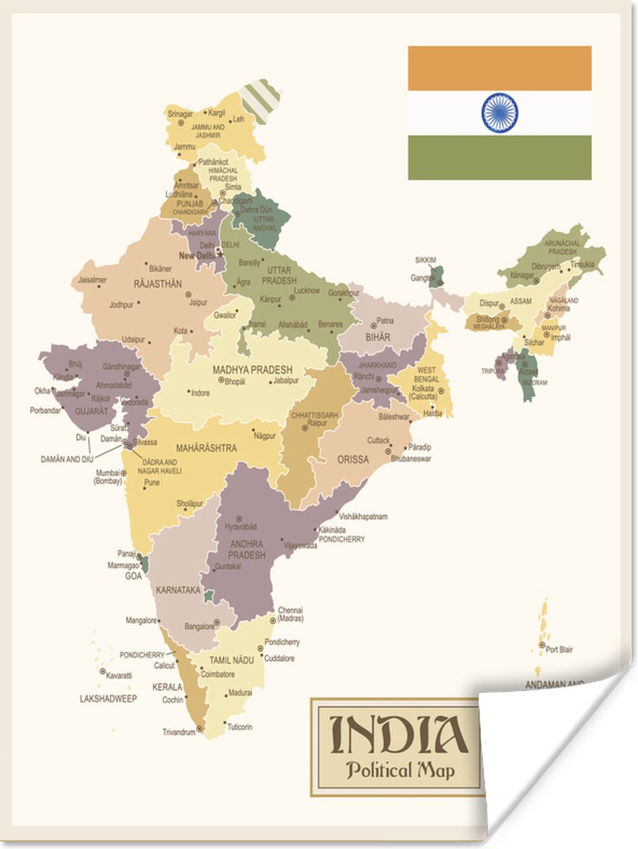 Poster tekening van een kaart van India en haar provincies - 30x40 cm ...