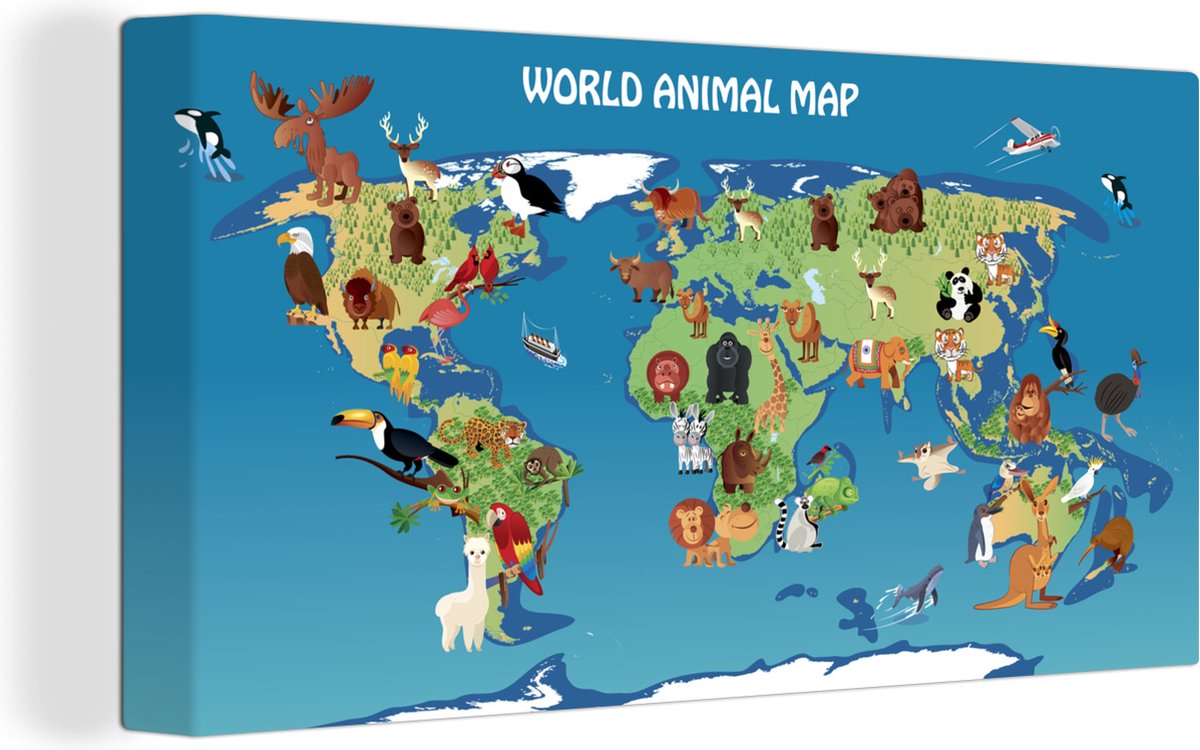 Canvas Wereldkaart - 140x90 - Wanddecoratie Een cartoon tekening van ...