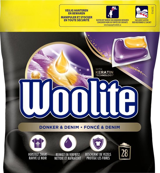 Woolite Zwart, Donker & Denim Wasmiddel met Keratine - 224 Capsules | bol