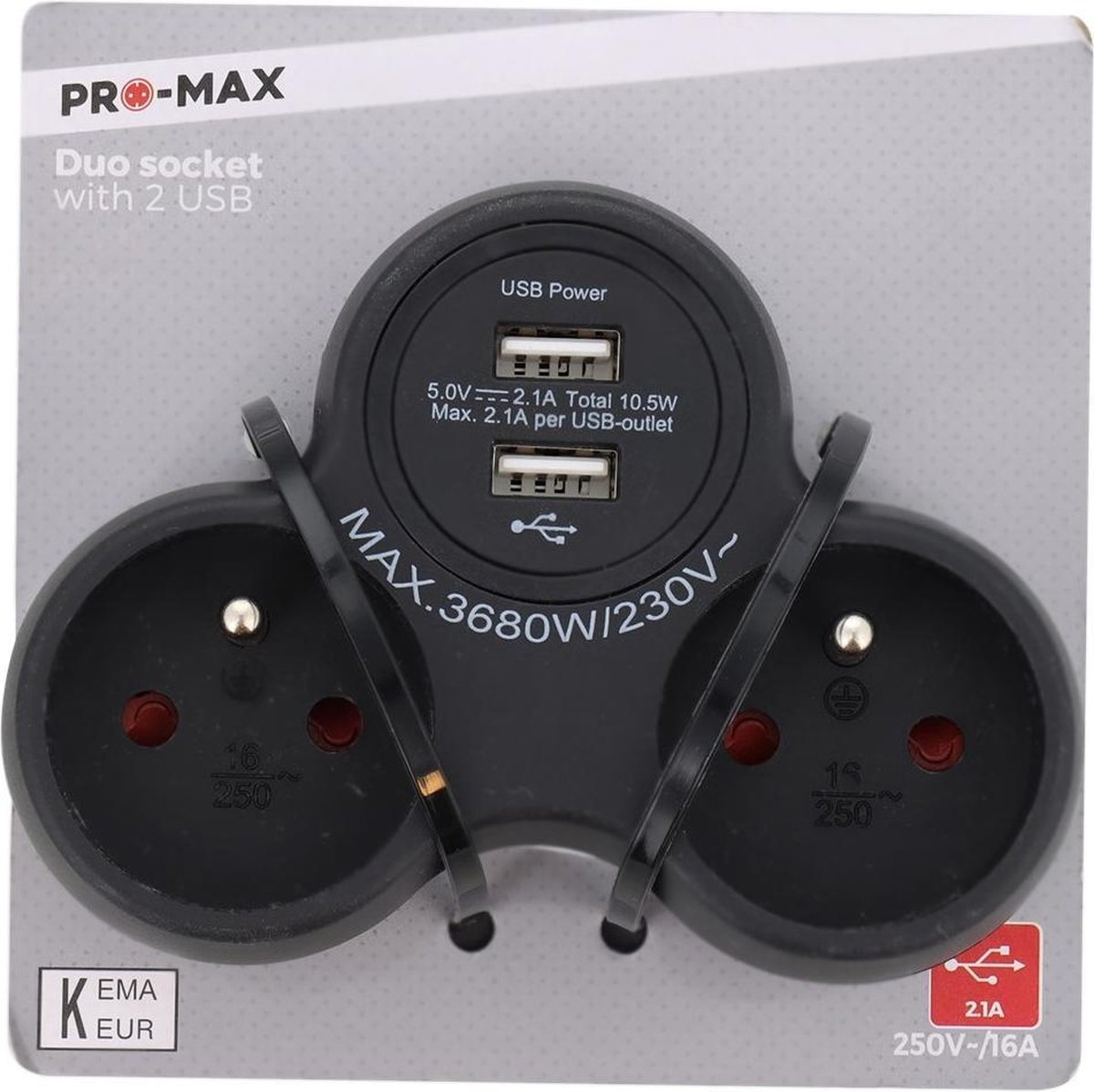 ProMax - Duo verdeelstekker - 2 stopcontacten + 2 USB aansluitingen ...