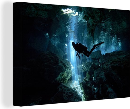 Canvas Schilderij Een man duikt tussen verschillende rotswanden in de zee - 140x90 cm... | bol.com