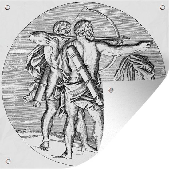 Tuindoek Een illustratie van Cheiron die Herakles boogschieten leert ...