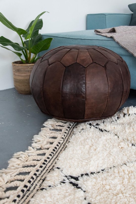 Poef Rond (XL) - Chocolade bruin - Poef Leer - Handgemaakt - Ø60 x 35cm ...