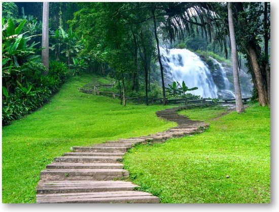 Houten Pad naar de Waterval in de Natuur, Thailand - 40x30 Canvas ...