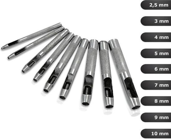 Punch set - 9 stuks - Maten: 2.5 mm - 3 mm - 4 mm - 5 mm - 6 mm - 7 mm ...