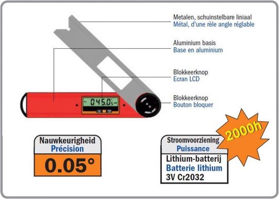 CMT DAF-001 Digitale hoekmeter - 260x50x25mm - 360 graden | bol