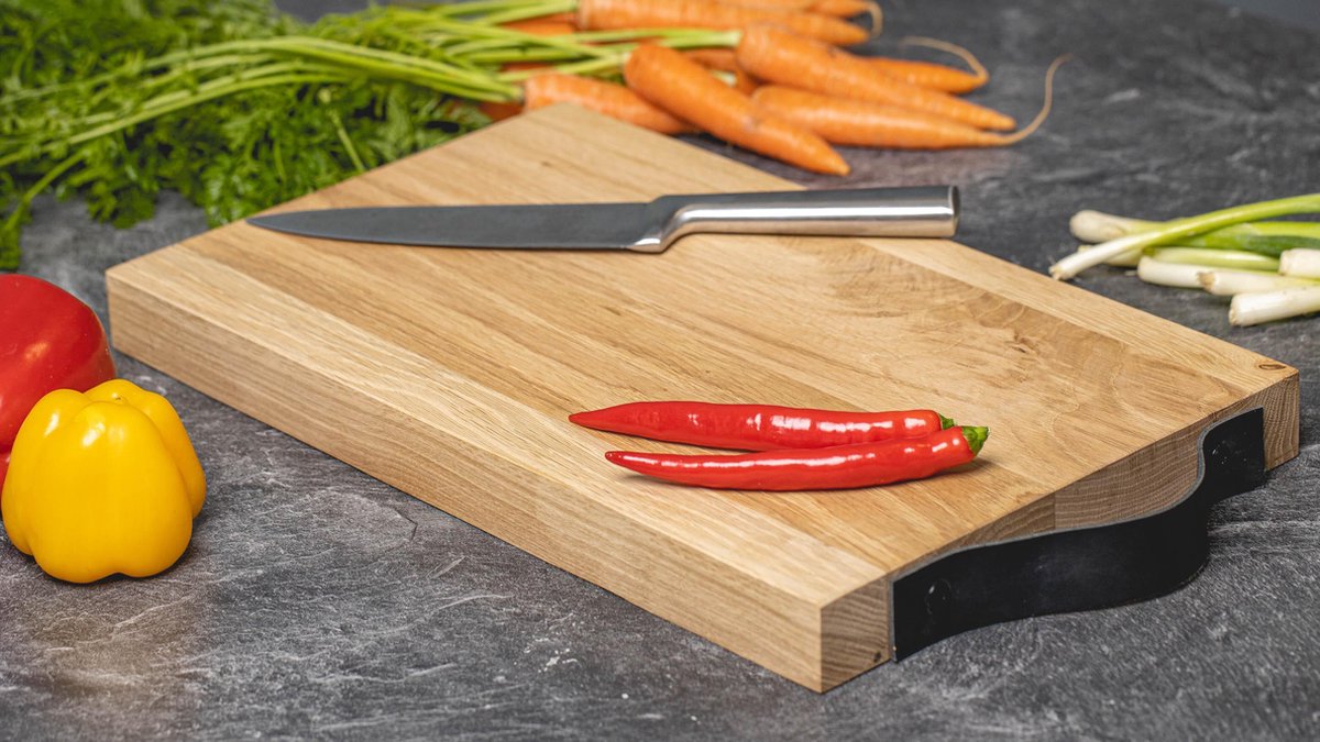 Massief eiken houten Snijplank Borrelplank Vleesplank met zwart leren ...