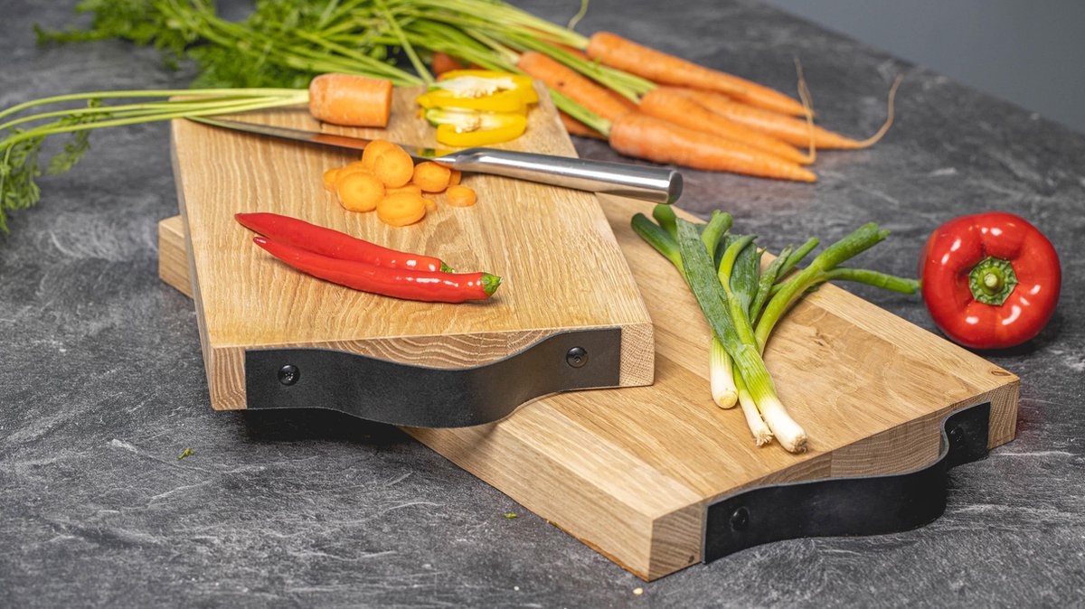 Massief eiken houten Snijplank Borrelplank Vleesplank met zwart leren ...