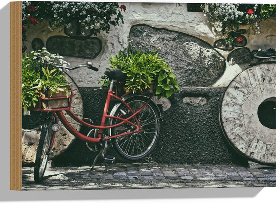 WallClassics - Hout - Rode Fiets versierd met Planten tegen Stenen Muur ...