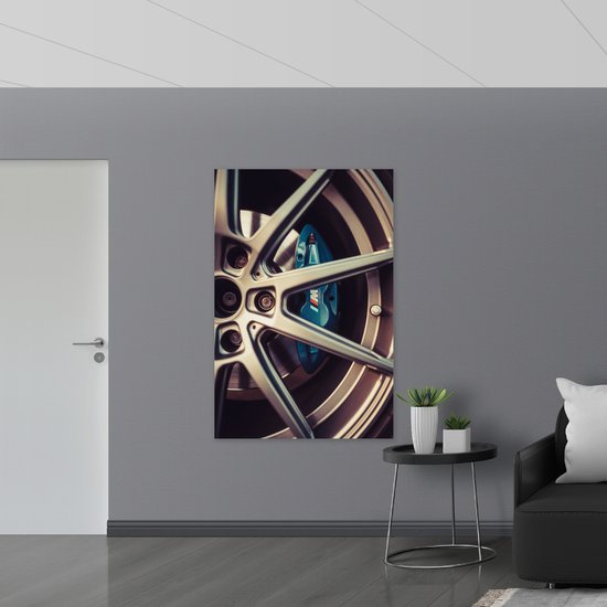 WallClassics - PVC Schuimplaat- Blauwe Remklauwen in Autowiel - 100x150 ...