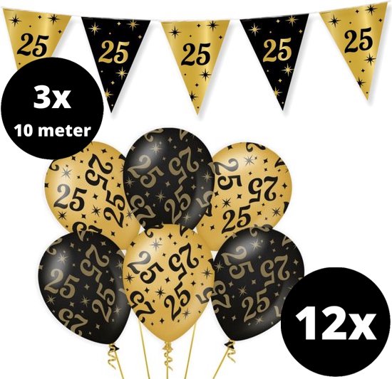 Verjaardag Versiering Pakket 25 jaar Zwart en Goud - Ballonnen Goud ...