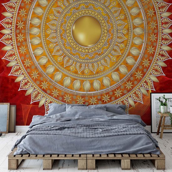 Fotobehang - Vlies Behang - Mandala van Goud op een Rode Achtergrond ...
