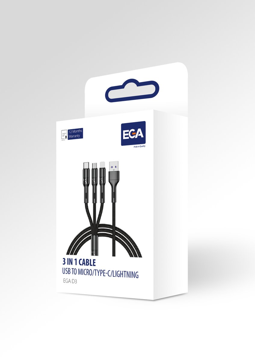 EGA - câble - 1m - foudre, USB-C et Micro - 3 en 1 - Zwart | bol.com