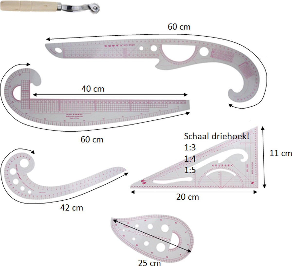 Coupeuse Linialen Set - 5 linialen + GRATIS radeerwieltje - Kleermakers ...