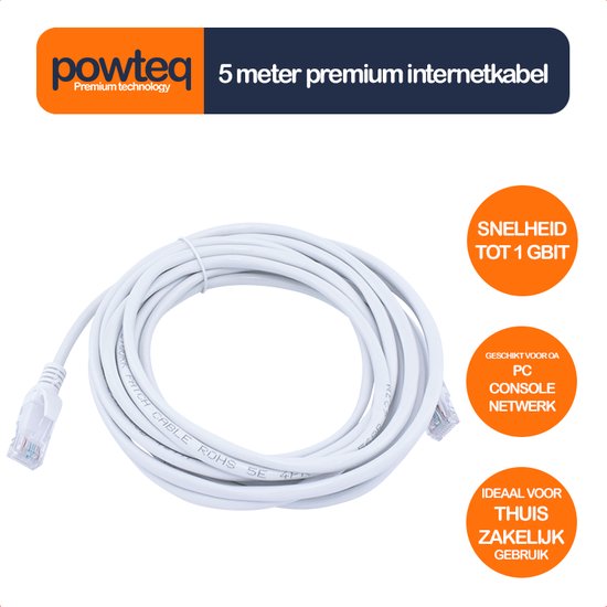 Powteq - 5 meter internetkabel - Wit - Cat 5e met RJ45 stekkers | bol