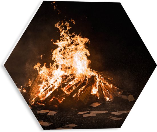 PVC Schuimplaat Hexagon - Boeken Verbrand in Kampvuur - 30x26.1 cm Foto ...