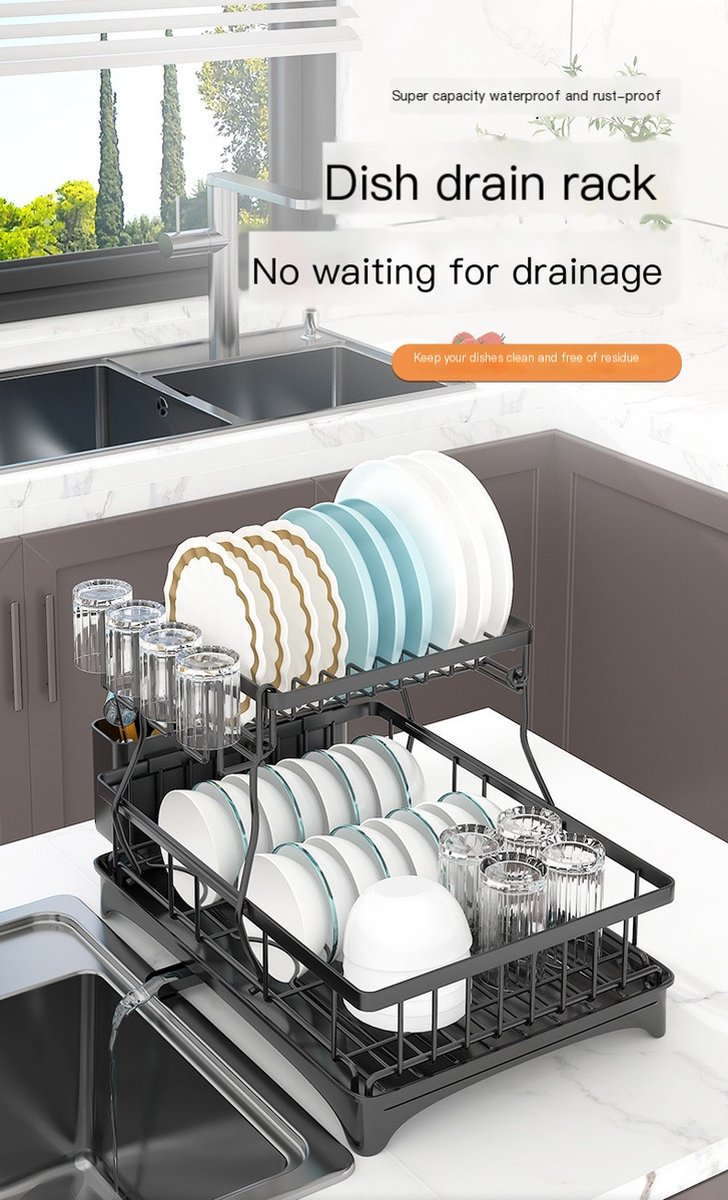 Luxe Metalen Afdruiprek met lekbak 2 laags – Inklapbaar 44*31*33CM ...