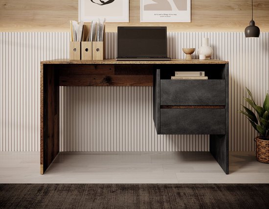 Meubella - Bureau Pierre 3 - Donker old wood - Grijs - 125 cm | bol.com