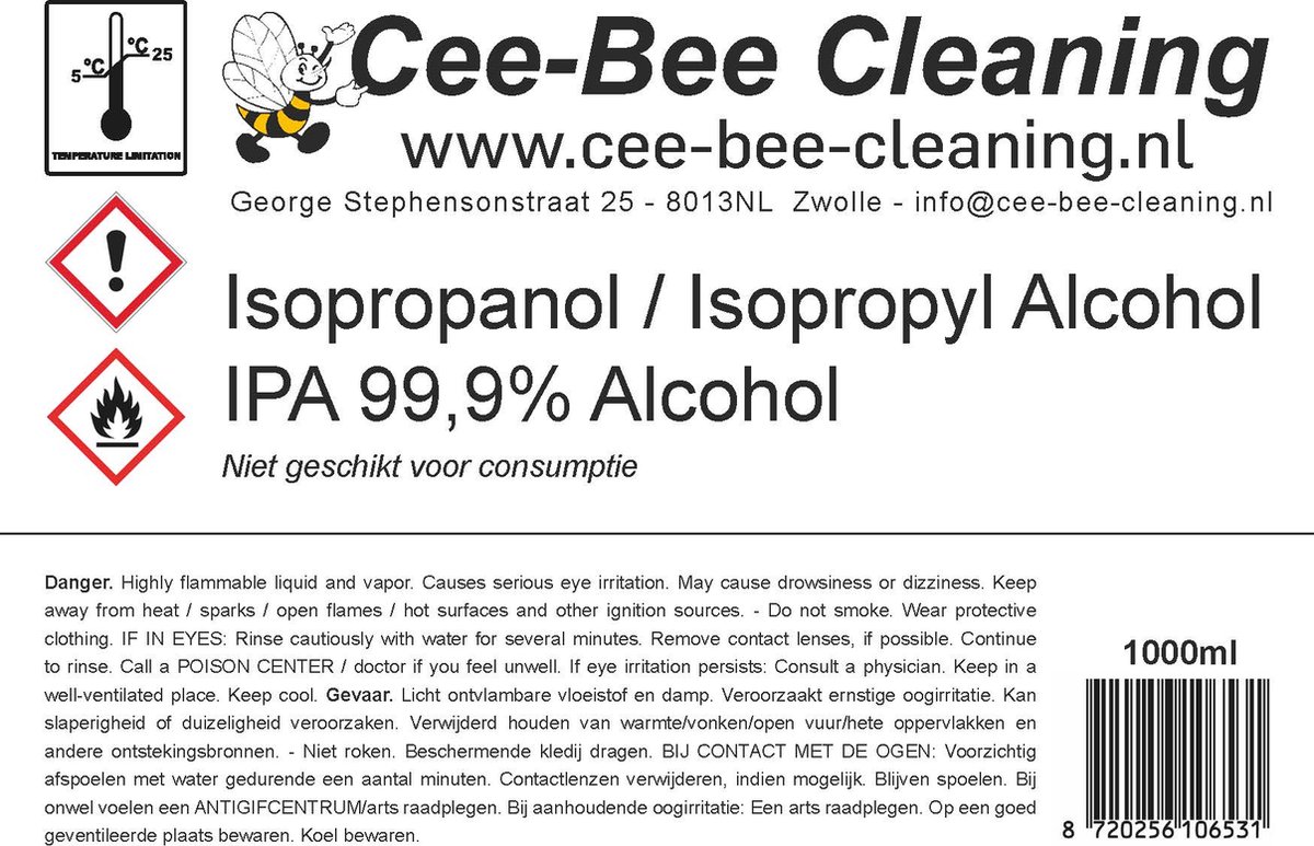 Cee-Bee Isopropanol | Isopropyl | IPA 99.9% Alcohol | 1000 ml | 5 ...