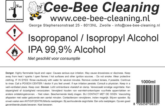 Cee-Bee Isopropanol | Isopropyl | IPA 99.9% Alcohol | 1000 ml | 5 flessen á 1 liter |... | bol