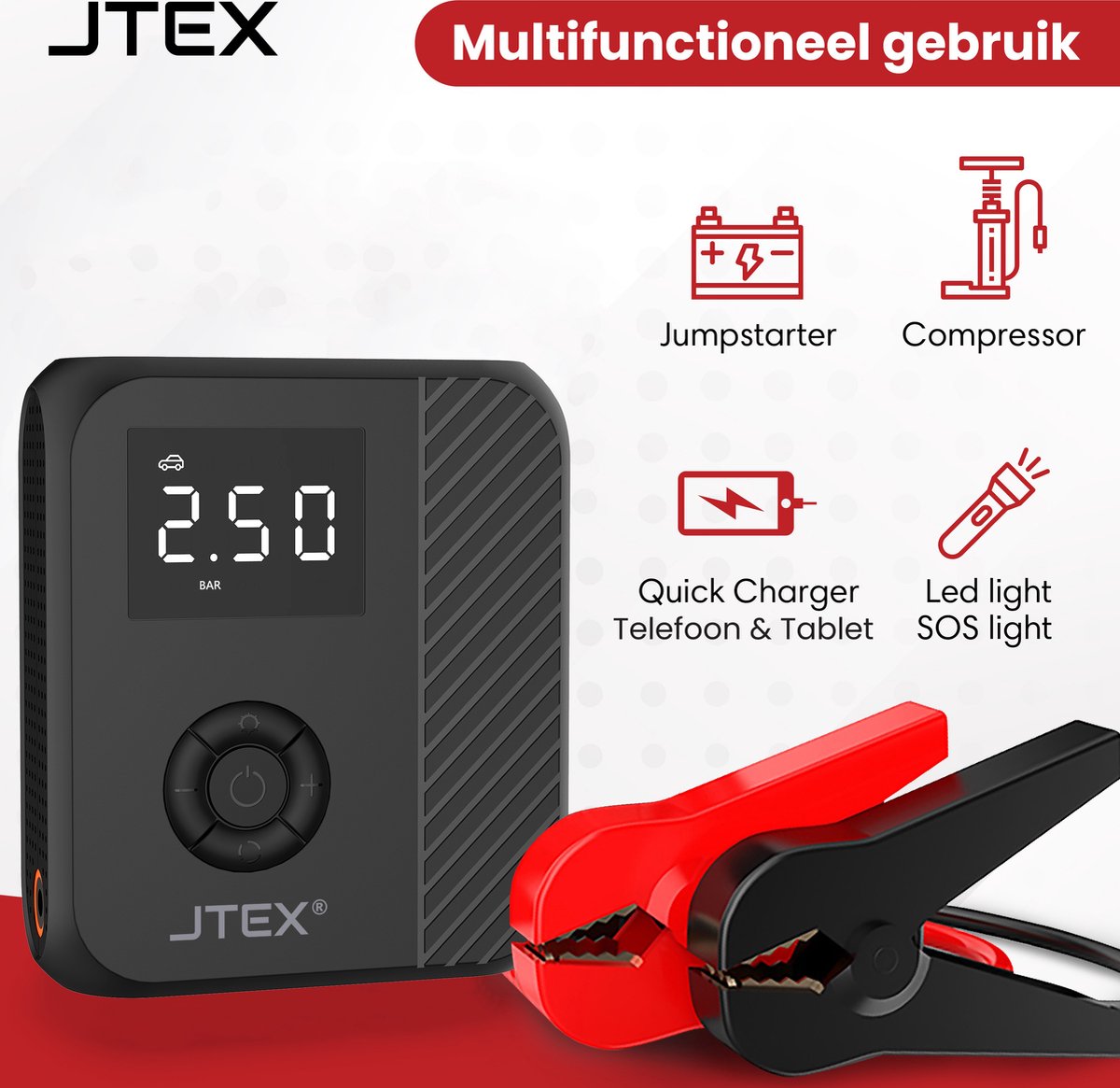 JTEX 12V Jumpstarter + Compressor - 1200A - 5-in-1 Starthulp - Jumpstarter voor Auto -... | bol