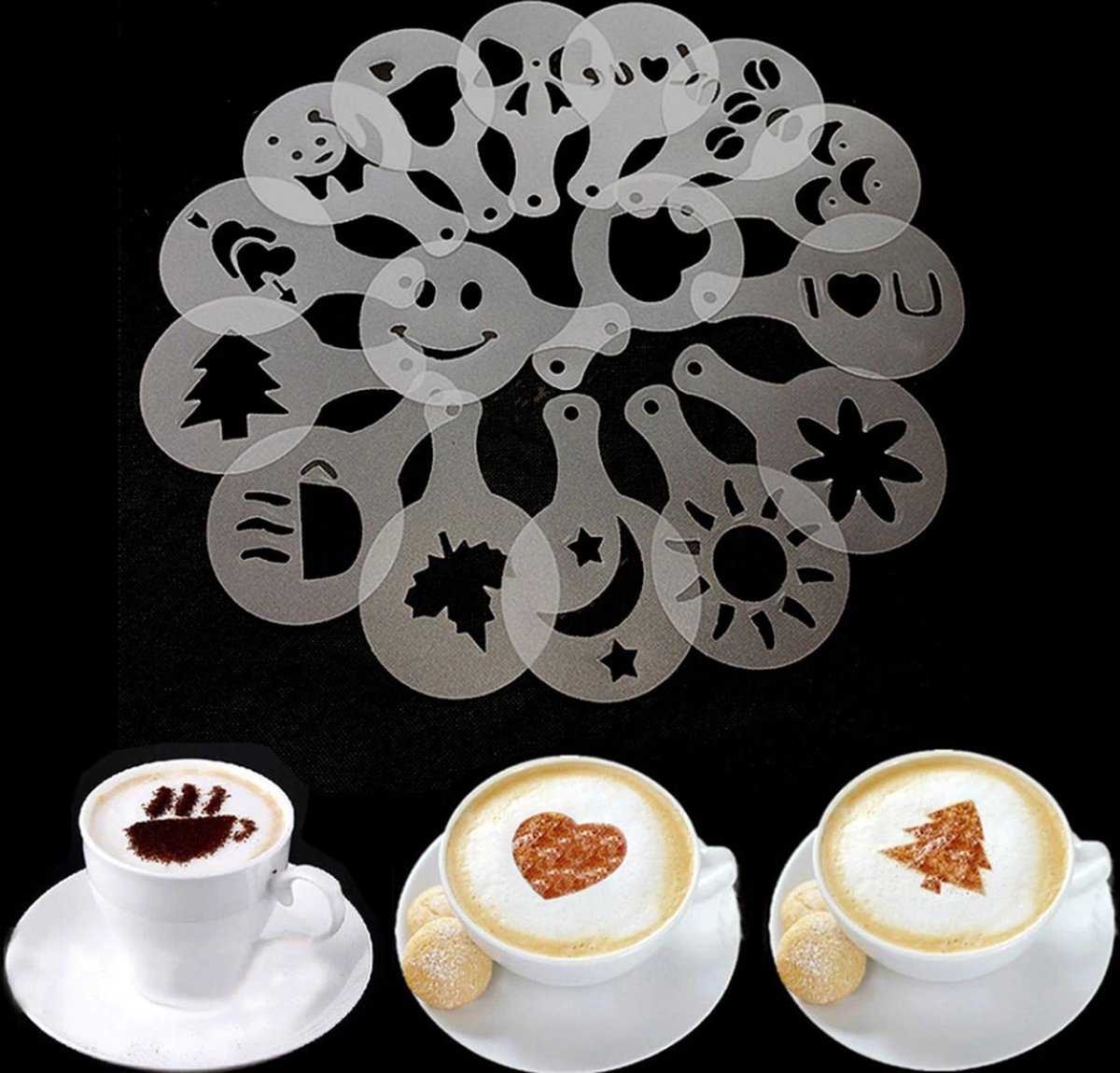 Cappuccino sjabloon - Herbruikbaar Barista Set - Cacao Sjablonen - 16 ...
